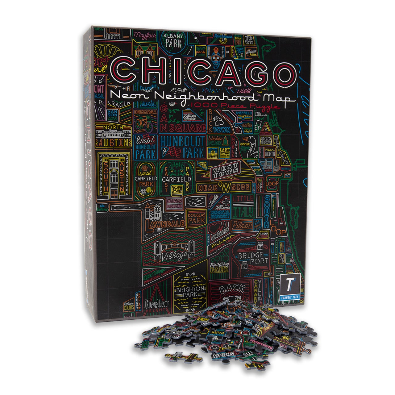 Neon Neighborhood Map of Chicago 1000 piece puzzle | Prism Games Chicago